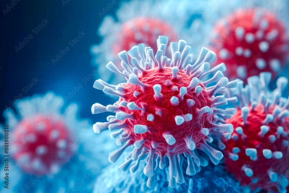 A detailed view of a coronavirus particle under the microscope, showing ...