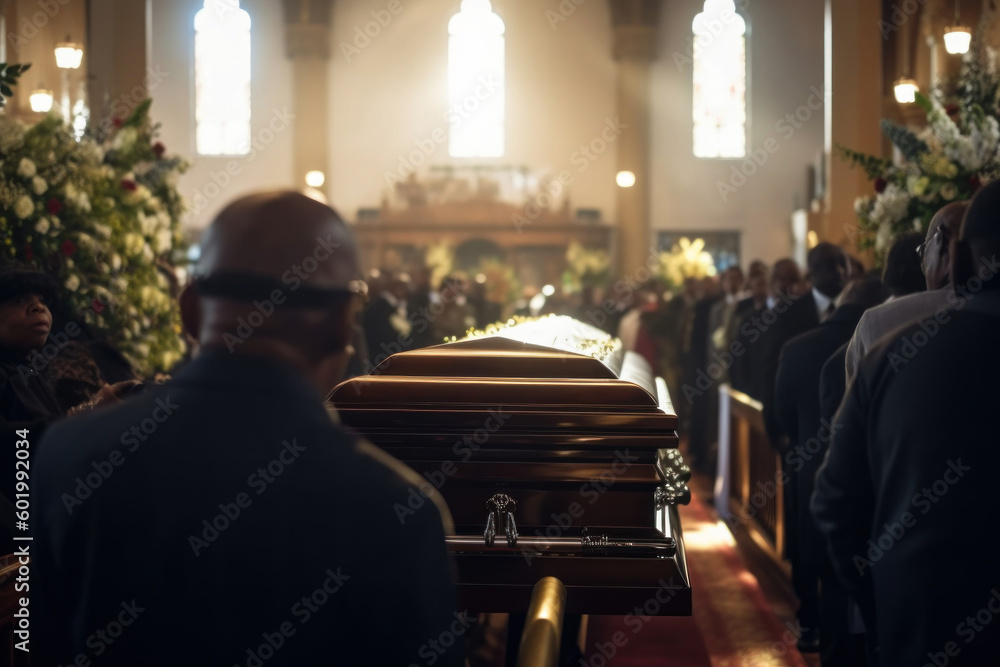 Funeral coffin,group of black sad people grieving and mourning, loss of ...