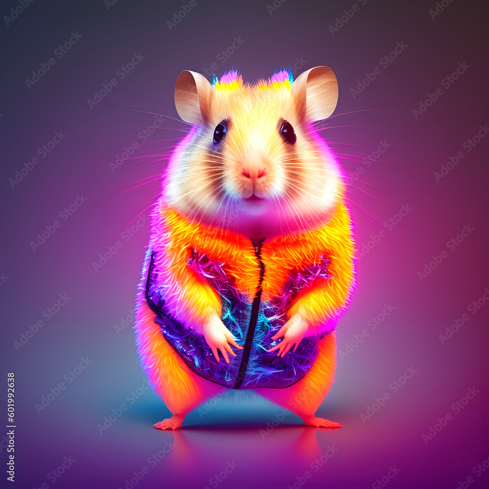 Realistic lifelike hamster in fluorescent electric highlighters ultra-bright neon outfits ...