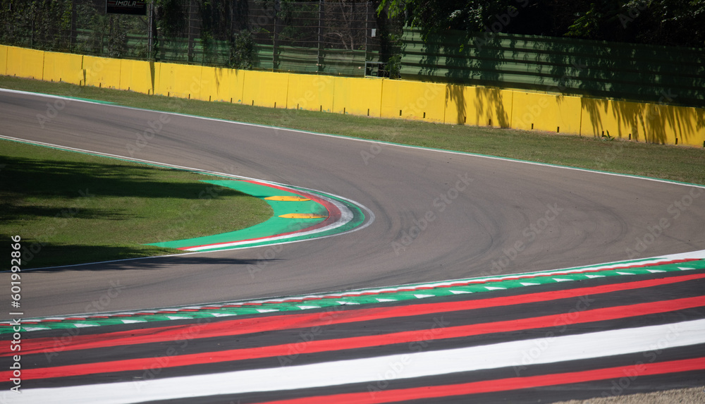 Turn of asphalt motor sport race track, Imola circuit Italy, Acque ...