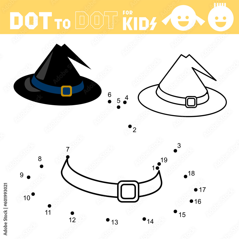 Witch hat. Dot to dot games for kids. Connect the numbers and drawing a ...
