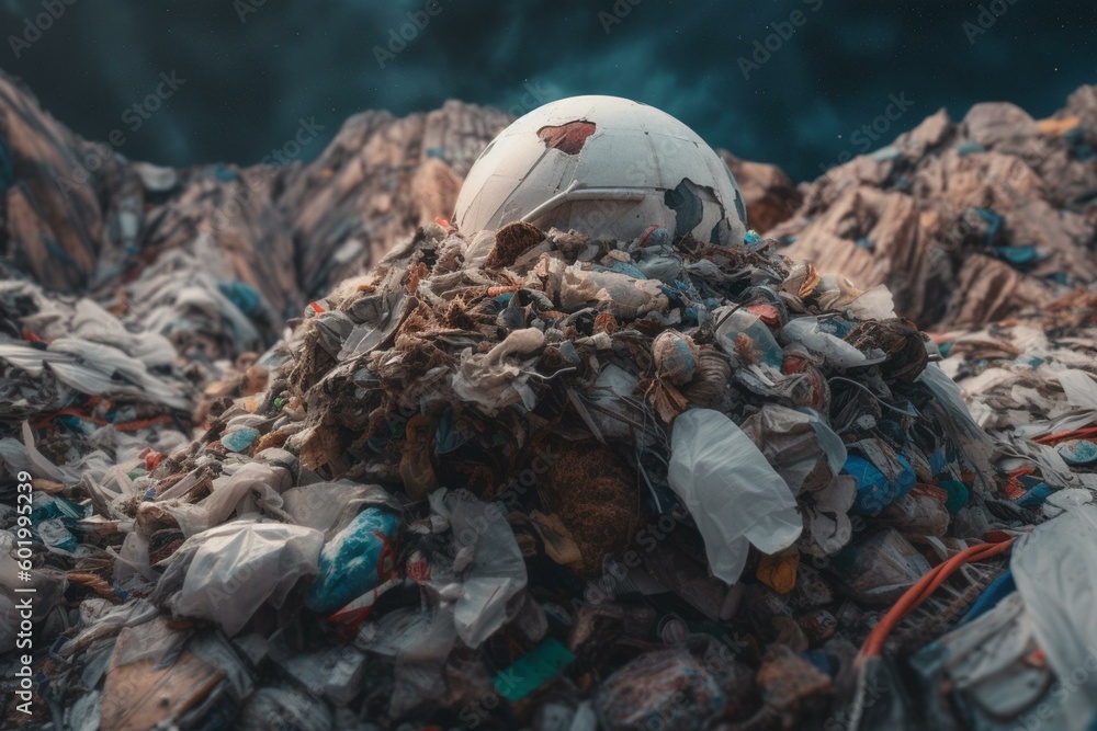 Earth globe on a mountain of trash. Planet Earth and plastic waste ...