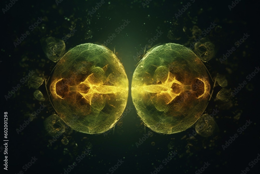 Image of cell division showing two nuclei in yellow green color ...