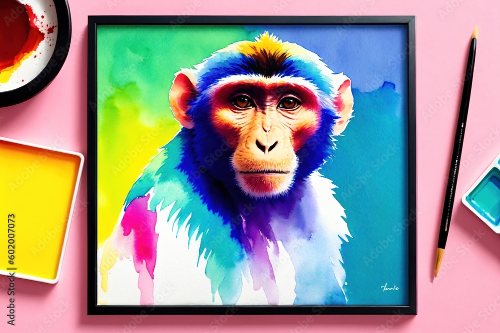 Hand-drawn painting of a portrait of a monkey with a multi-colored ...