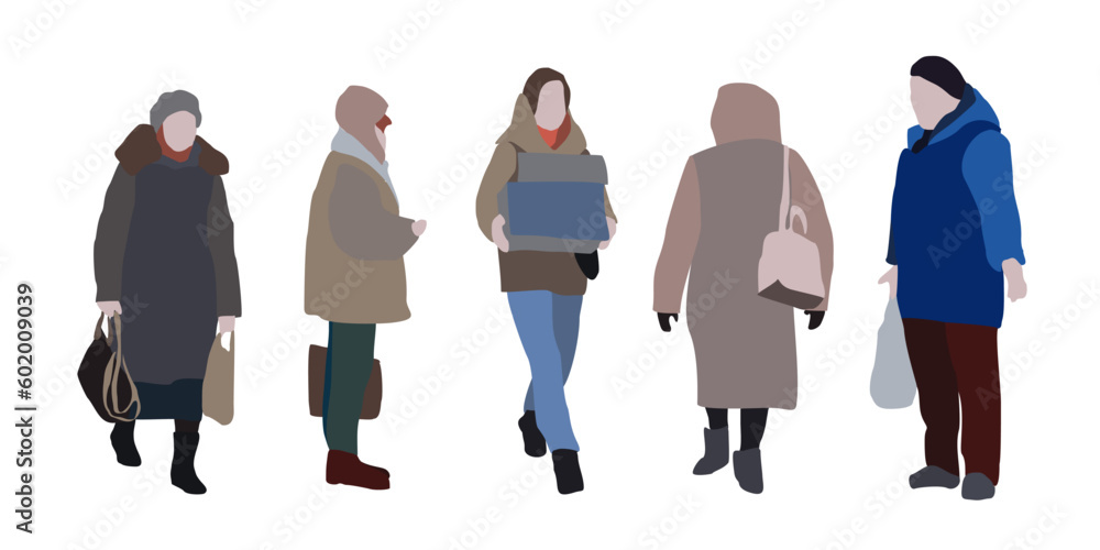 Set of drawings of women on the street in winter clothes. 2D image for ...