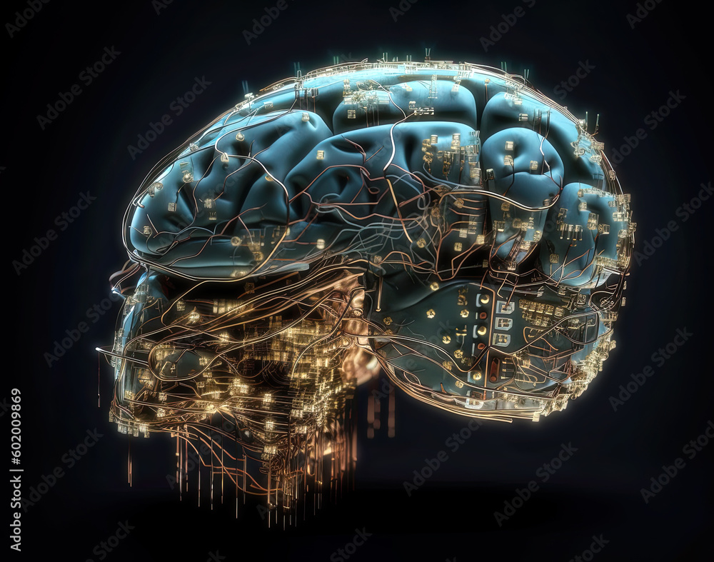Human brain merged with circuitry, metaphor for AI and human-machine ...