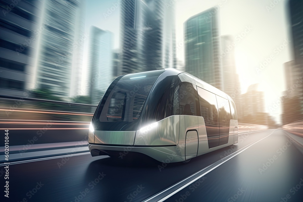 Futuristic electric vehicle train auto drive on the road. Auto drive ...