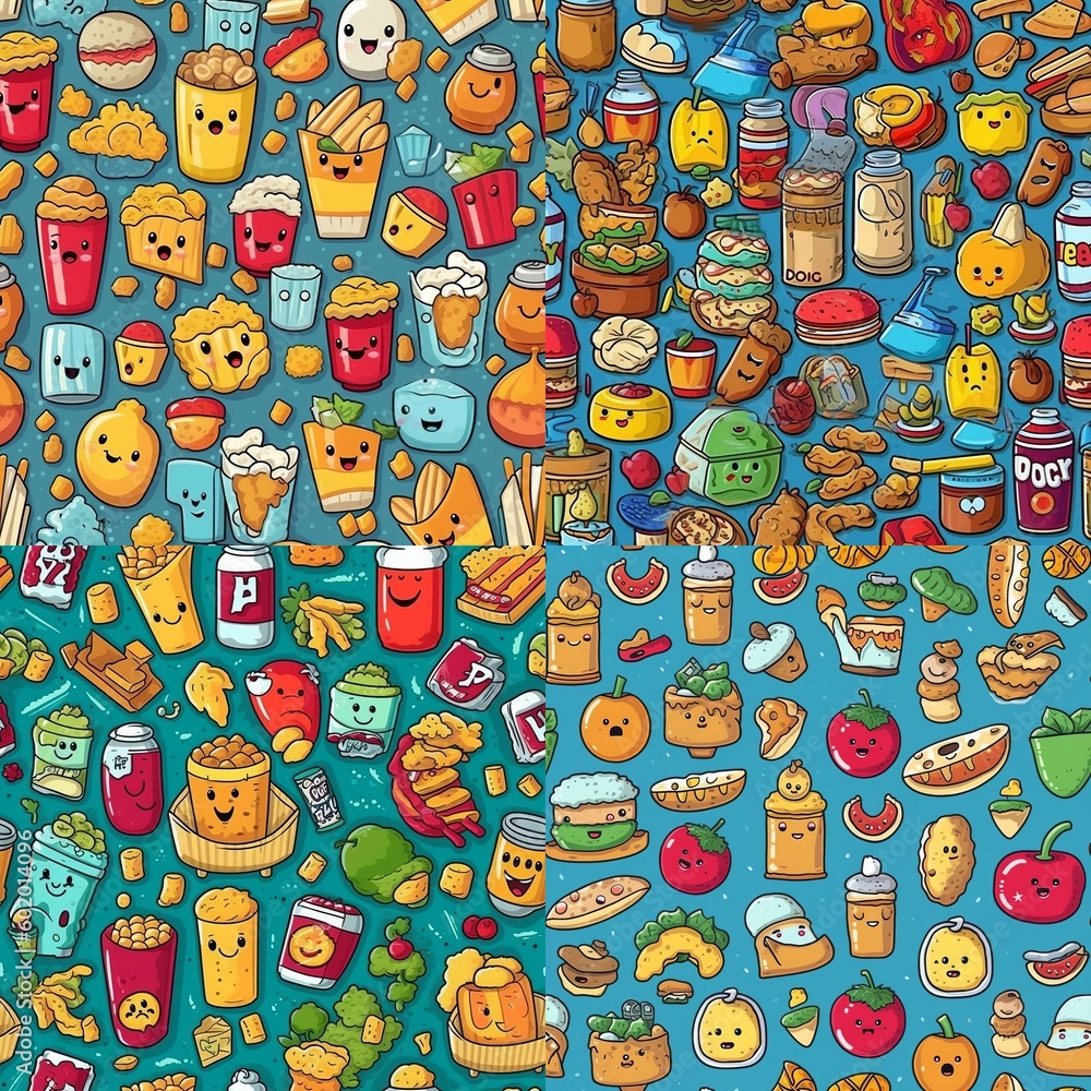 Generative AI Seamless pattern with cute cartoon Snack And Cake Junk ...