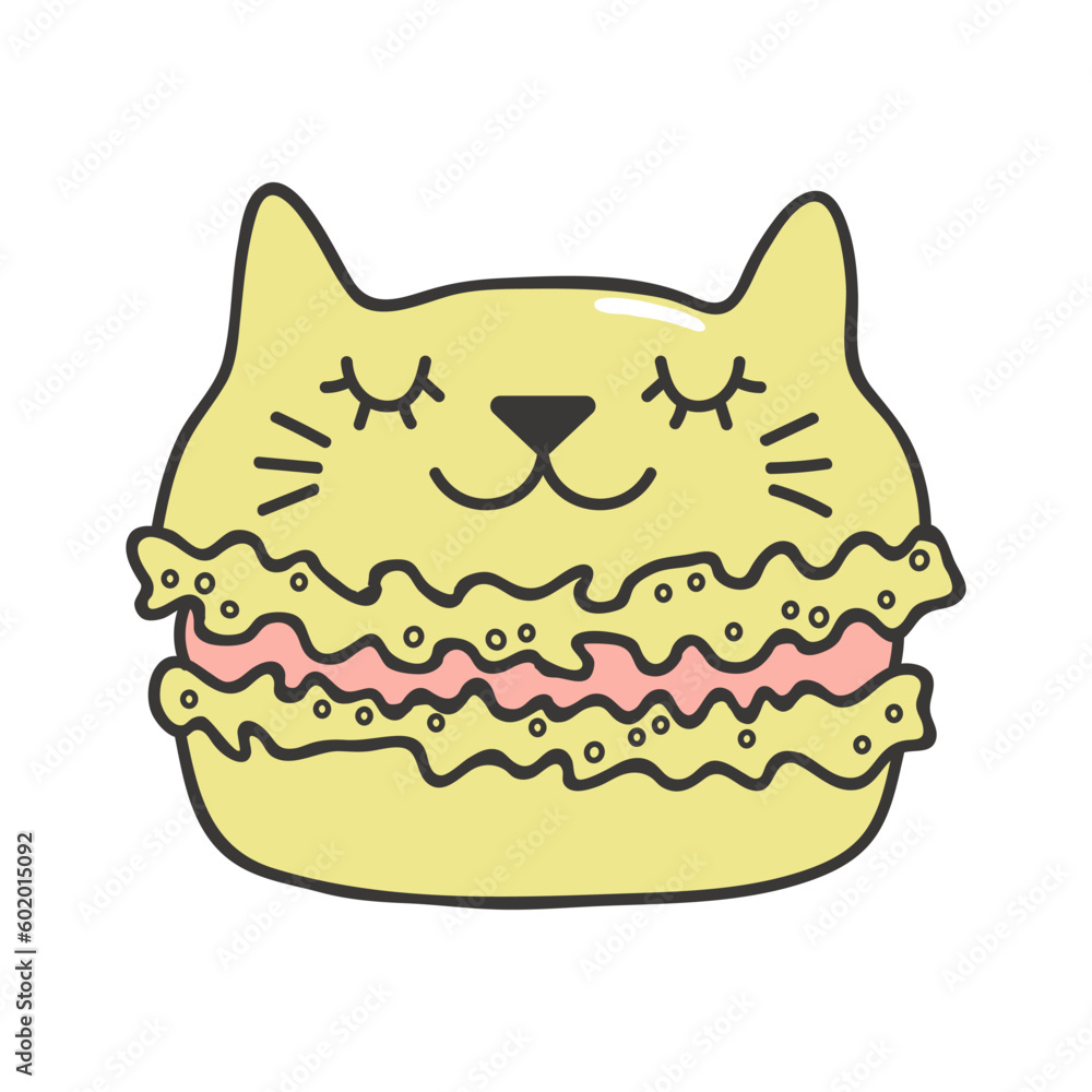 Cute macaron with kawaii cat face cartoon character illustration. Hand ...