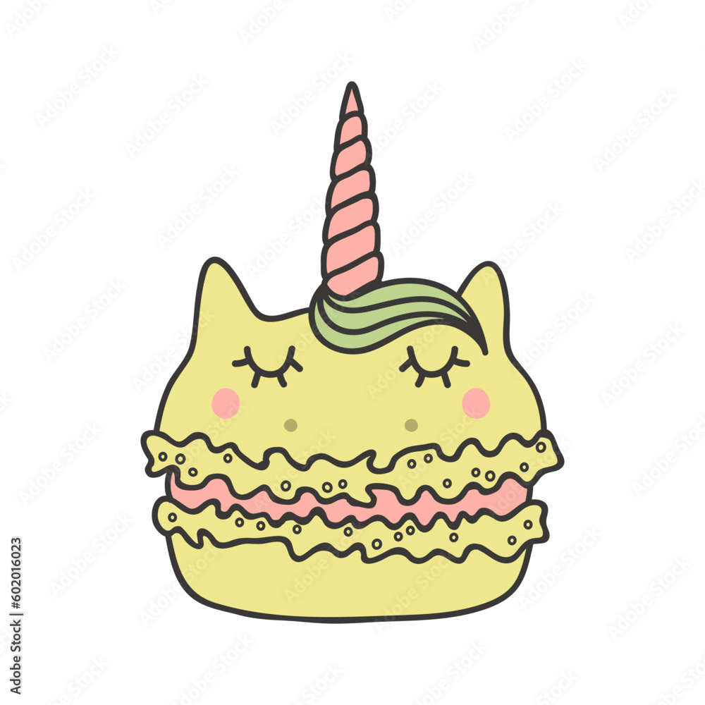 Cute macaron with kawaii unicorn face cartoon character illustration ...