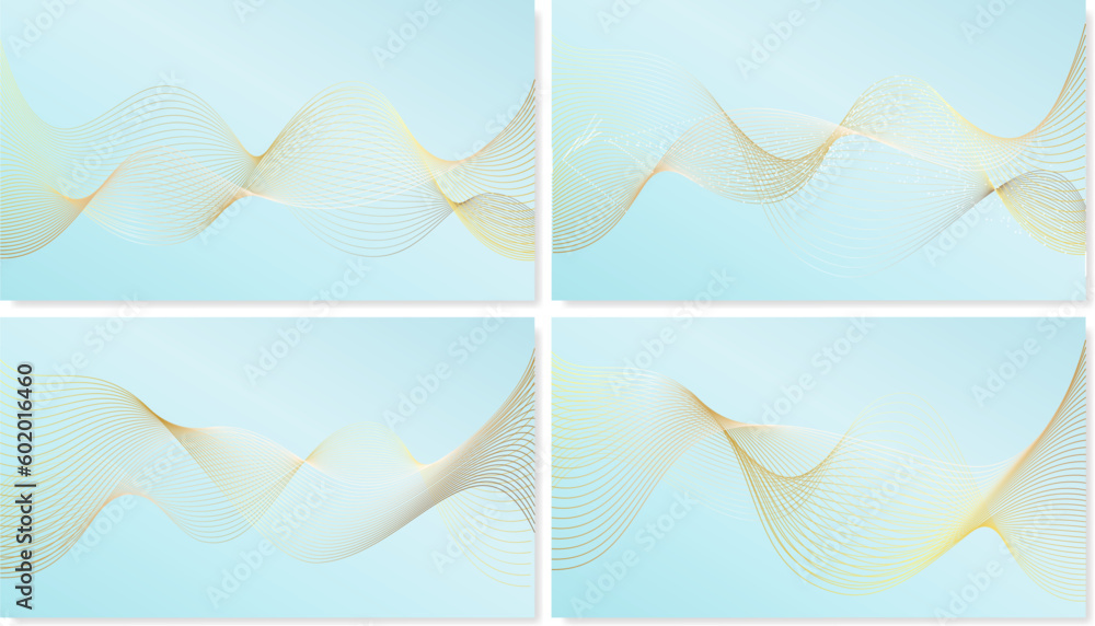 3d wavy gold lines swoosh on sky blue background. Luxury beauty thin ...