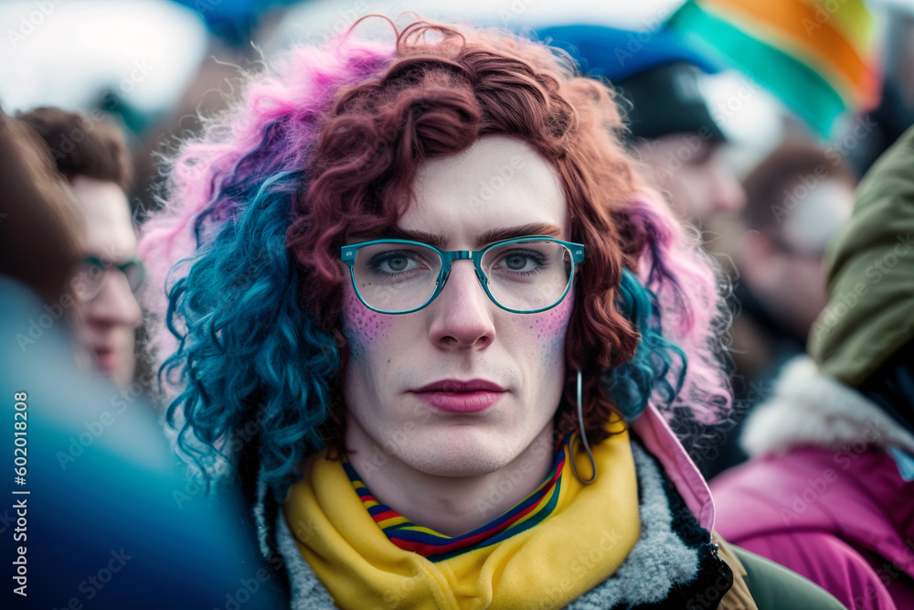 Participant Pride parade proudly dressed in multicolored rainbow flag ...
