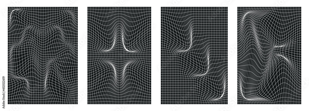 Set of geometry wireframe mesh backgrounds in white colors on a black ...