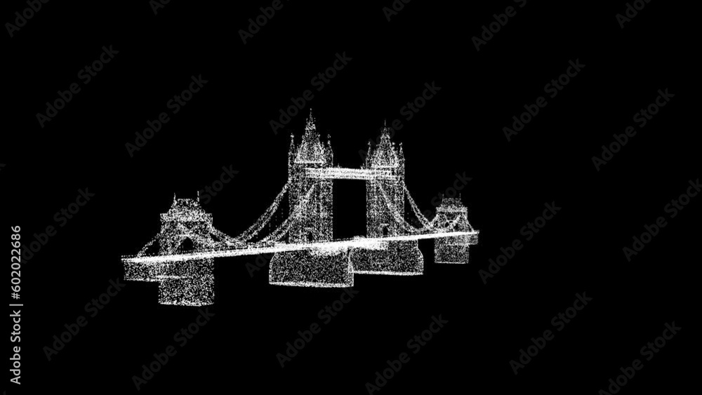 3D Tower Bridge London rotates on black background. Object made of ...