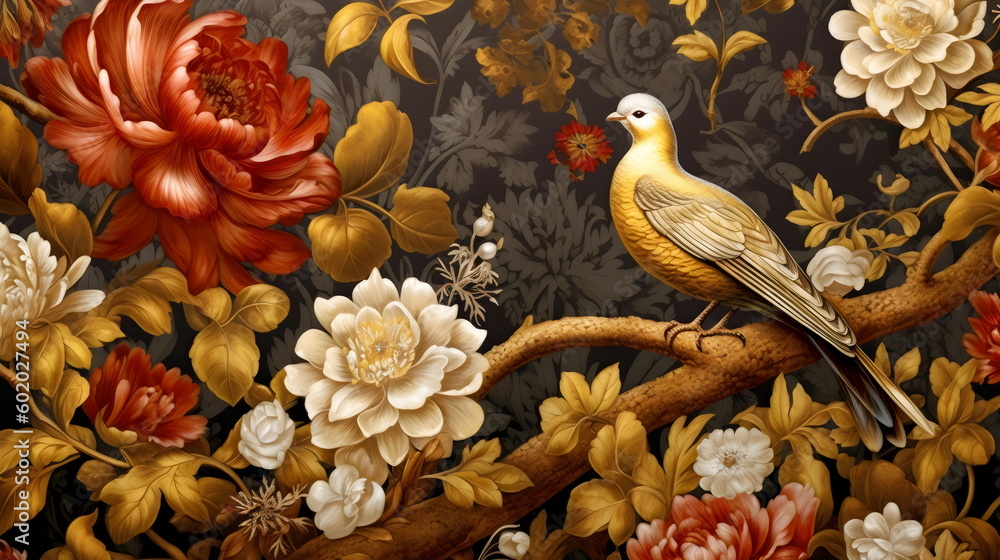 design with pigeon and gold and red roses, ornate decorative wallpaper ...