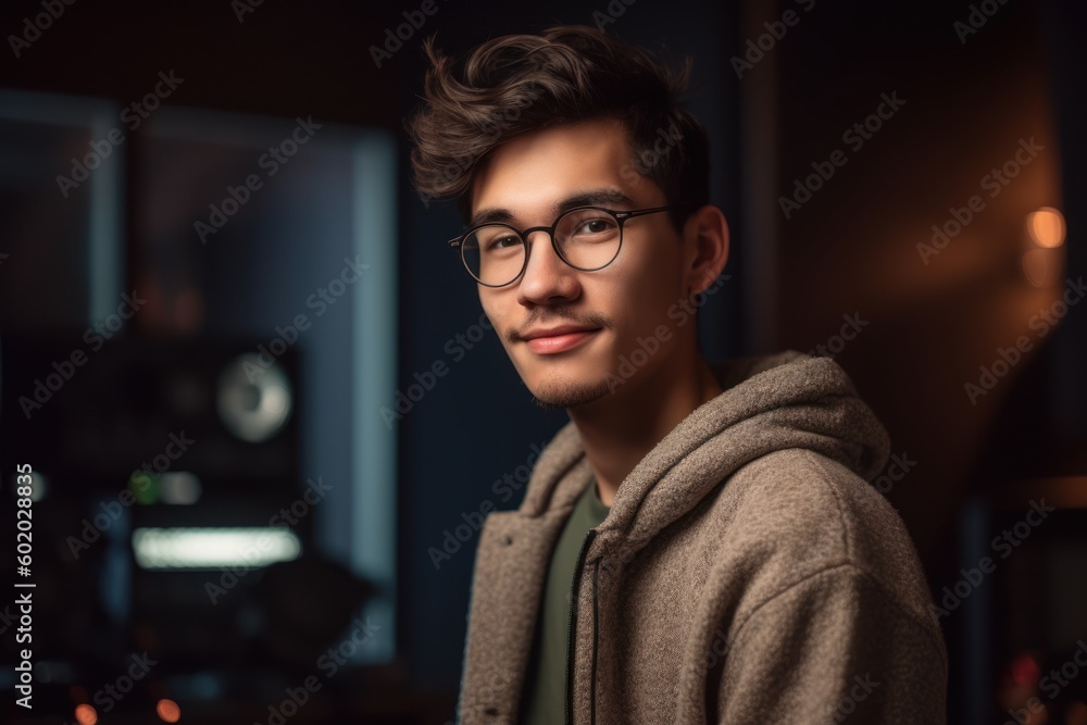 Group portrait photography of a pleased man in his 20s wearing a cozy ...