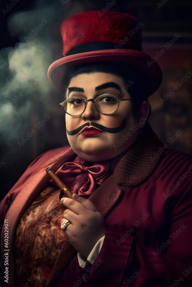 drag king wearing burgundy suit with top hat, moustache and cigar ...