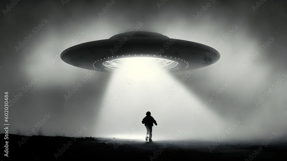 alien abduction concept, flying UFO saucer over toddler on the ground ...