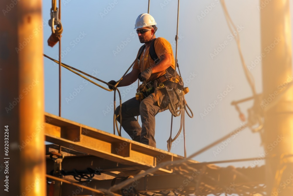 Construction worker climber on a site wearing construction safety ...