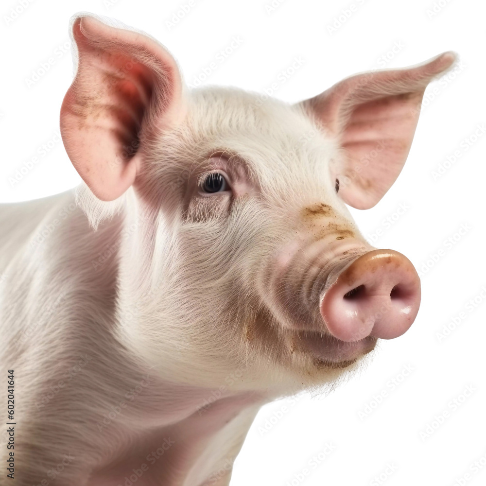 The face of a pink pig close-up. Isolated on a transparent background ...