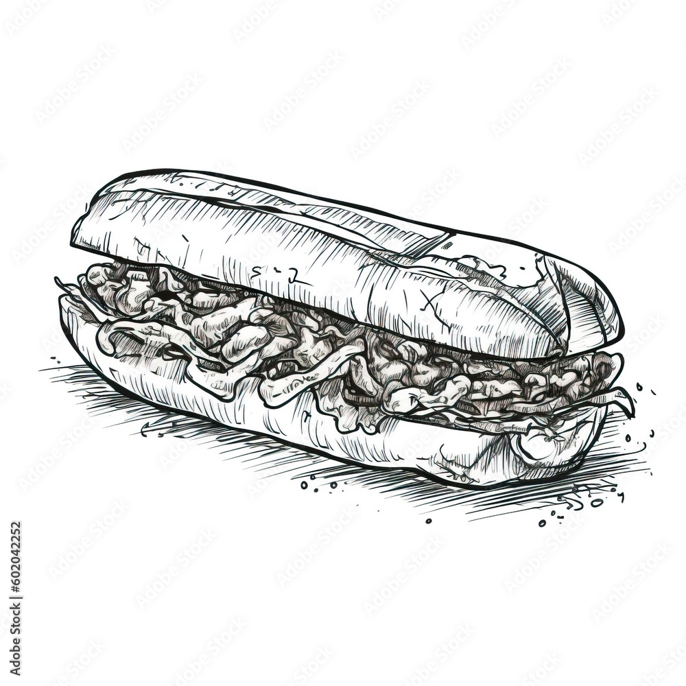 A hand drawn sketch of a cheesesteak in black and white. Perfectly ...