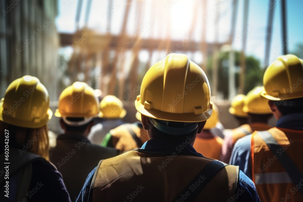 Construction workers at construction site outdoors, labor wearing ...