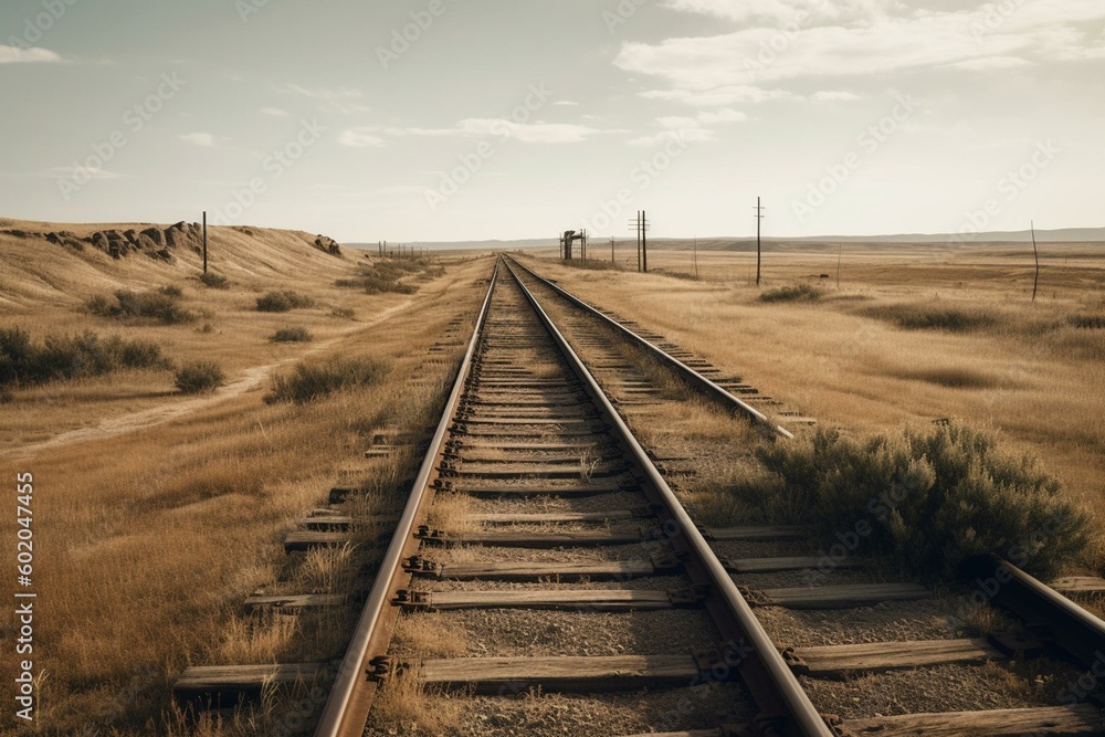Rail lines crossing prairies in the wild west, stretching far beyond ...