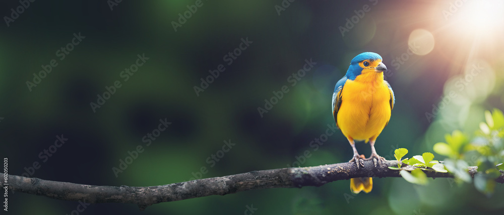 Natural background and yellow and blue birds sitting on branches ...