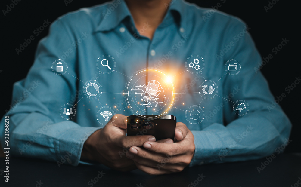 Businessman working with artificial intelligence (AI) in futuristic ...