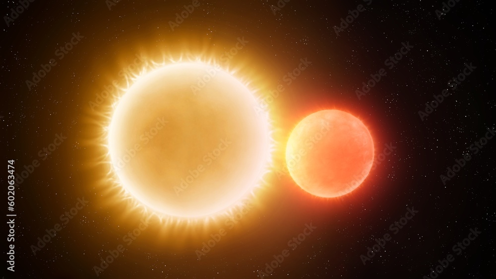 Approach of two stars. Close binary star system. The big sun pulls the ...