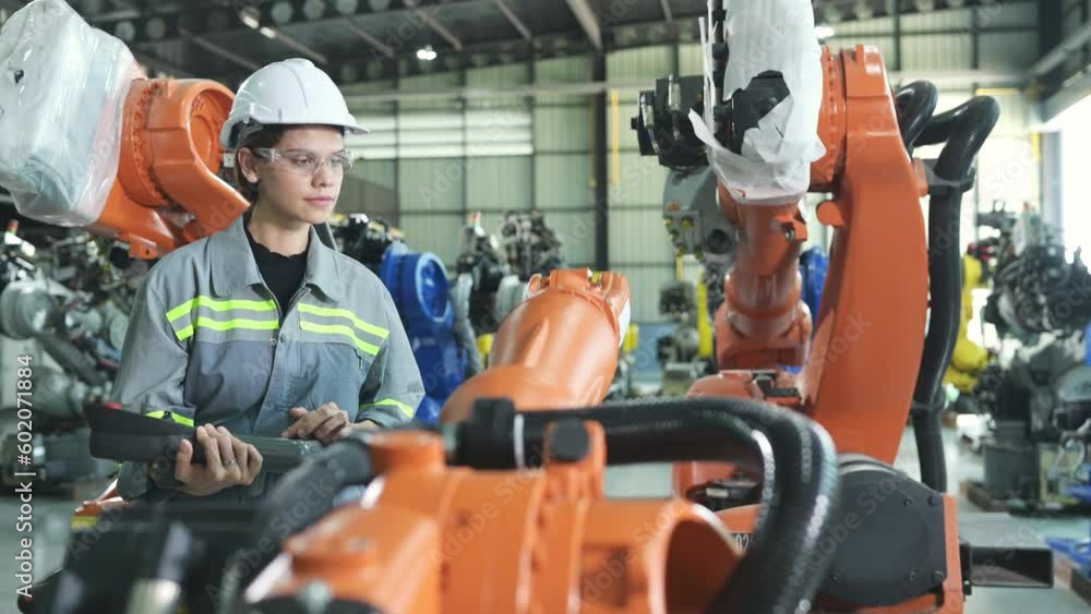 After installing a program on the robotic arm, a female engineer with a ...