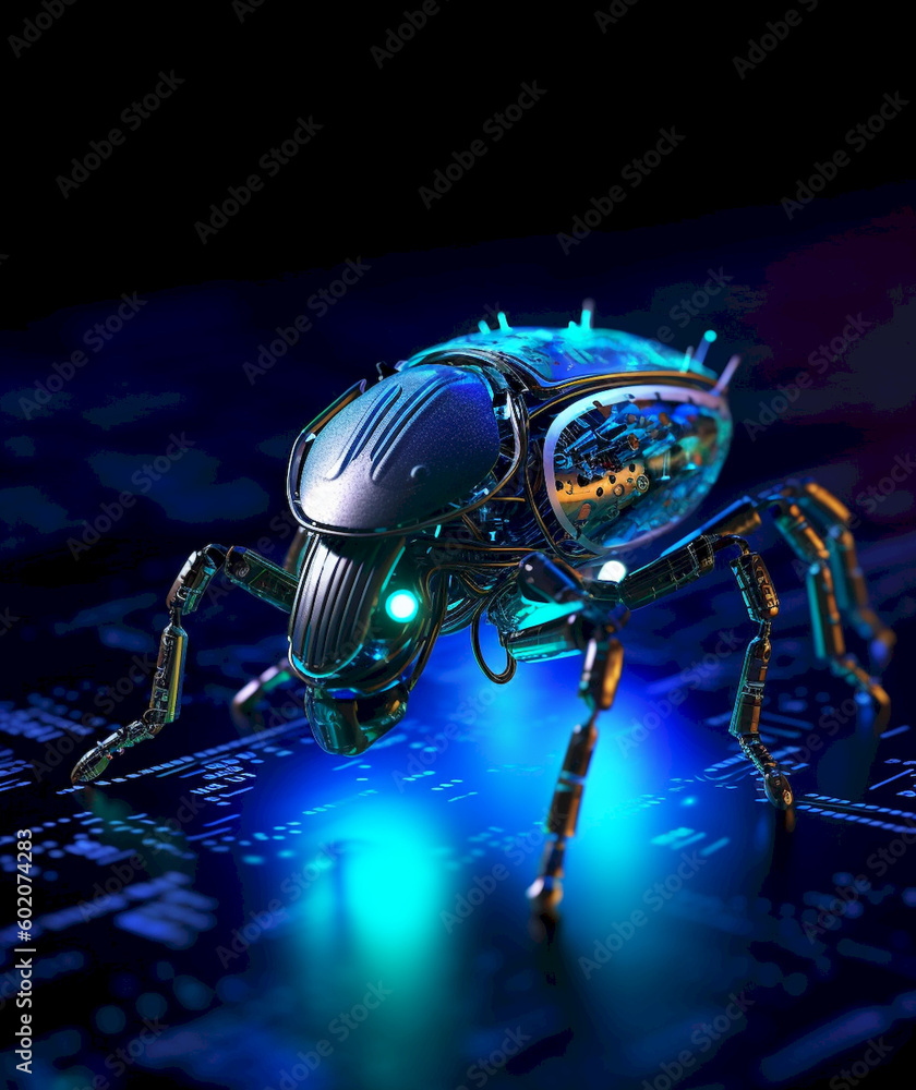 A tiny, shiny silver nanobot in the shape of a beetle. It has neon blue circuitry patterns ...