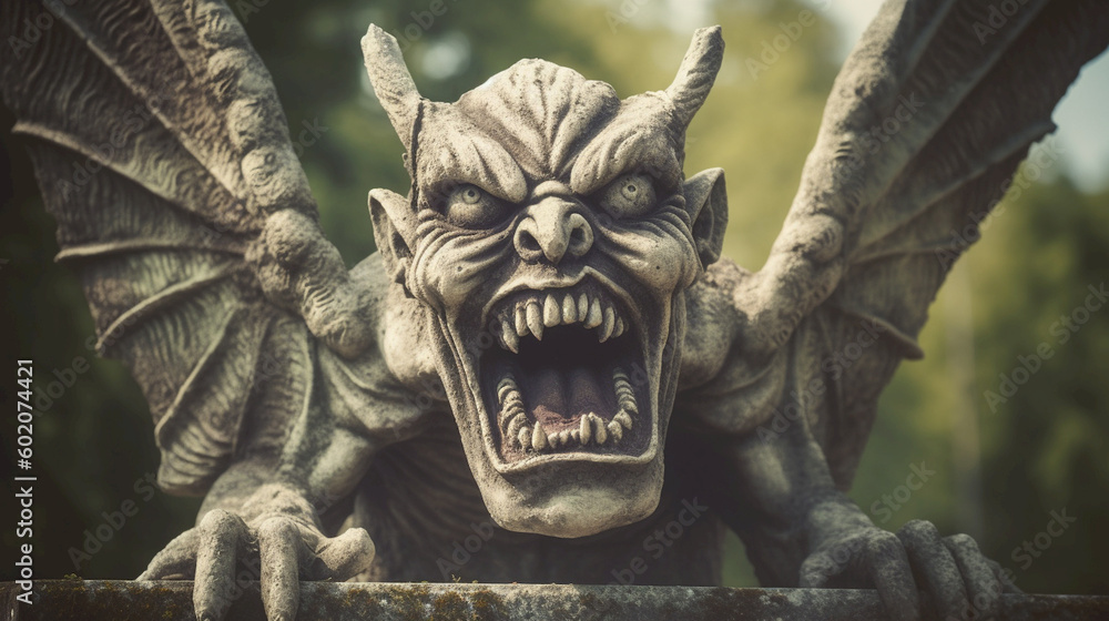 ภาพประกอบสต็อก Stone sculpture of an evil screaming angel with bulging ...