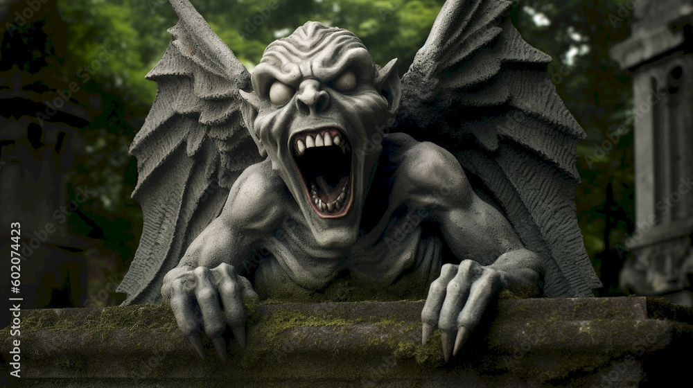 ภาพประกอบสต็อก Stone sculpture of an evil screaming angel with bulging ...