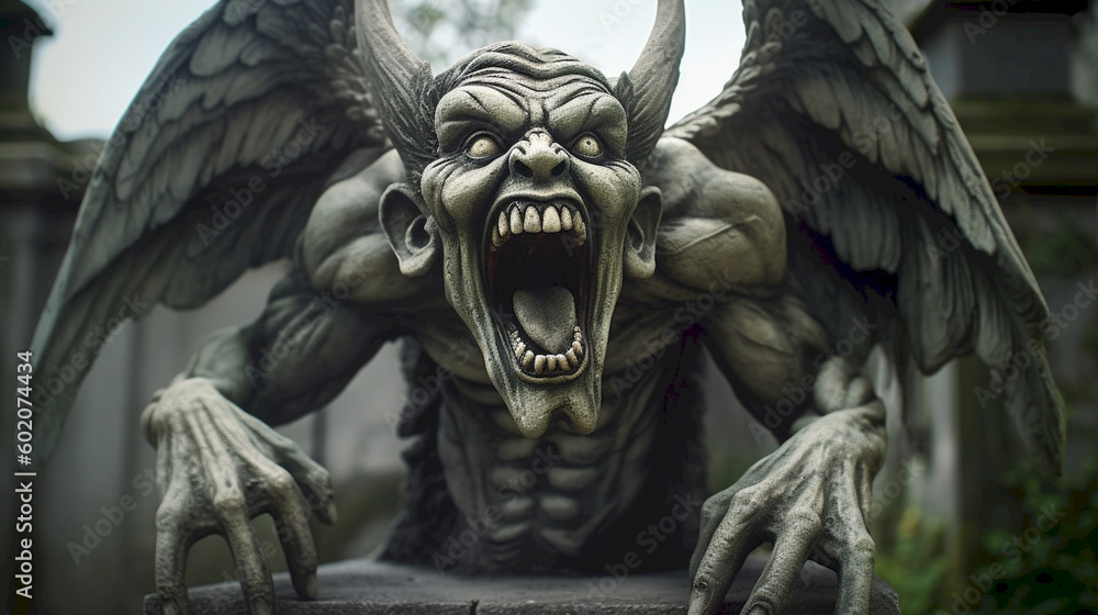Stone sculpture of an evil screaming angel with bulging eyes and large ...