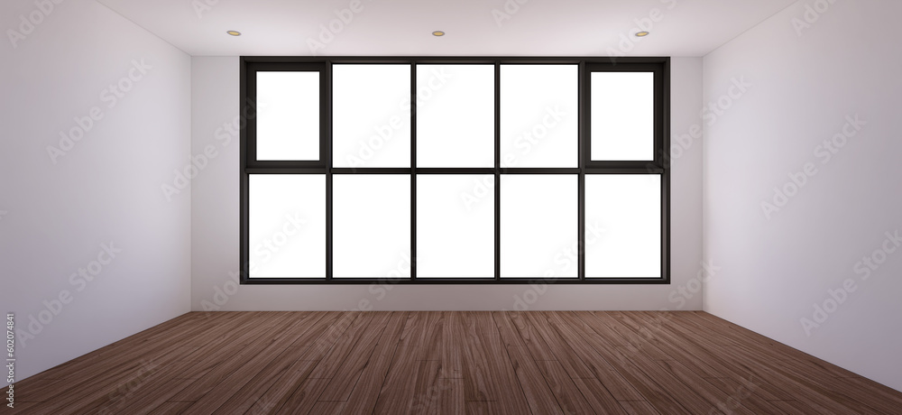 Window, white room, wood floor There was a large window looking out ...
