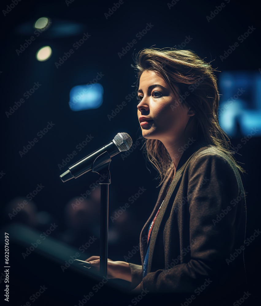 Female speaker giving a talk at a corporate business conference. Woman ...