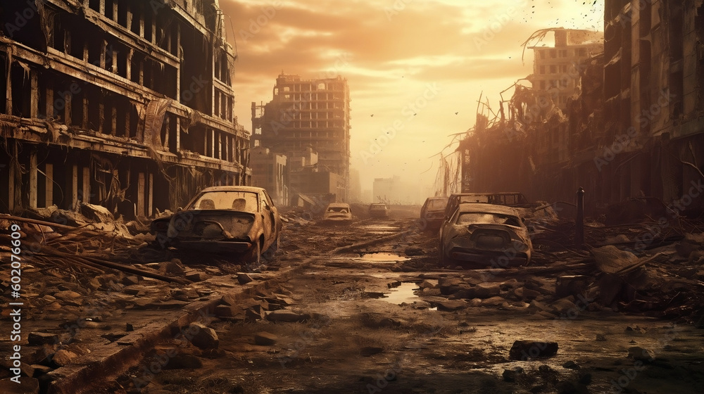 Desolate post-apocalyptic city skyline with destroyed buildings and ...