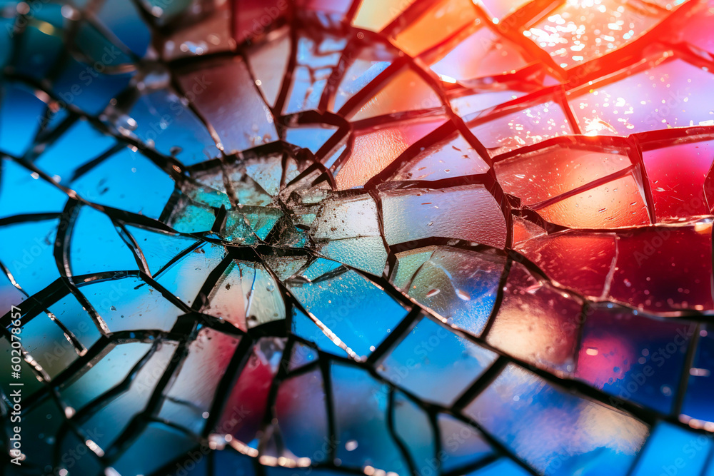 Colorful lens flare on blue weathered, faded, stained glass. The ...