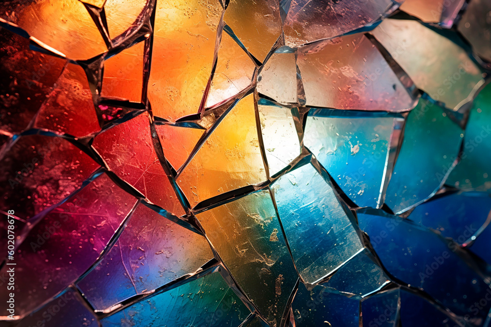 Colorful lens flare on blue weathered, faded, stained glass. The ...