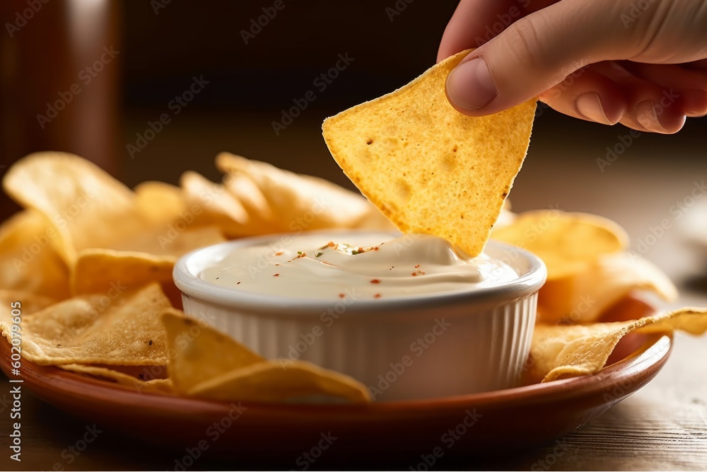 Dipping a chip into a bowl of flavorful dip, with close attention paid ...