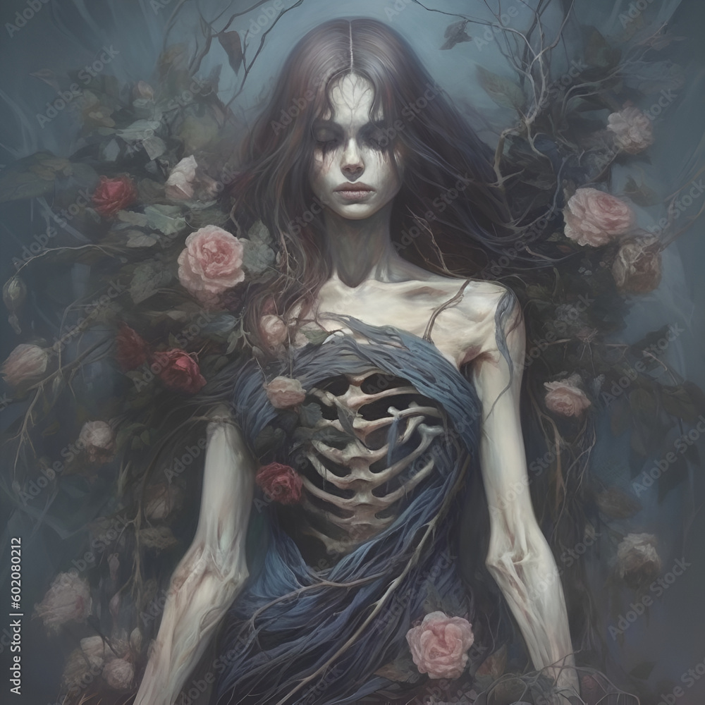 Opening style, a skeleton with long hair and flowers in her hands. ai ...