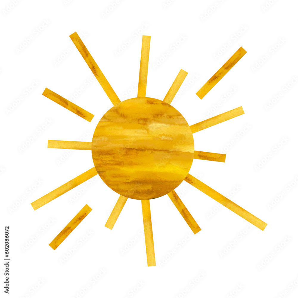 Yellow sun with rays of different lengths. A collage of watercolor on a ...