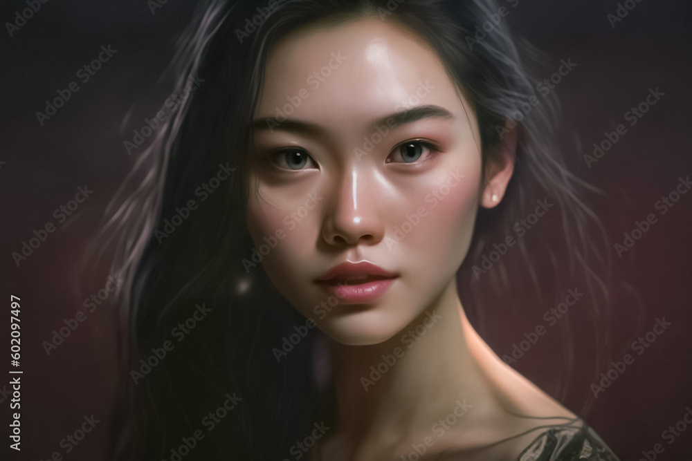 An up-close photo of a gorgeous Japanese Chinese girl's face, with bold ...