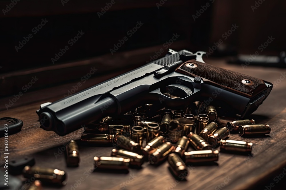 Gun and bullets strewn on the rustic oak table. Ai generative. Stock ...