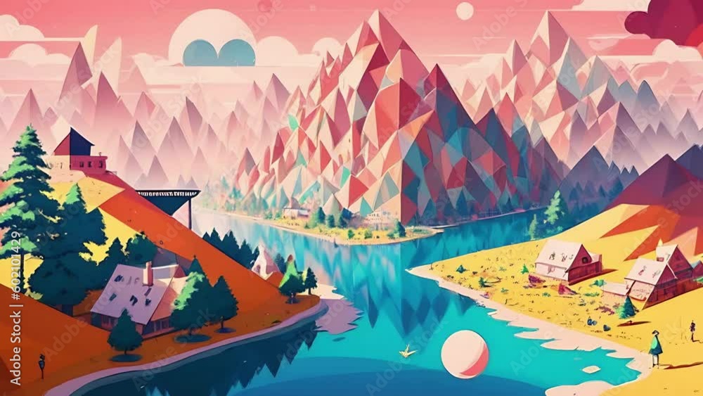 Mountains landscape with river in anime style. High mountains, azure ...