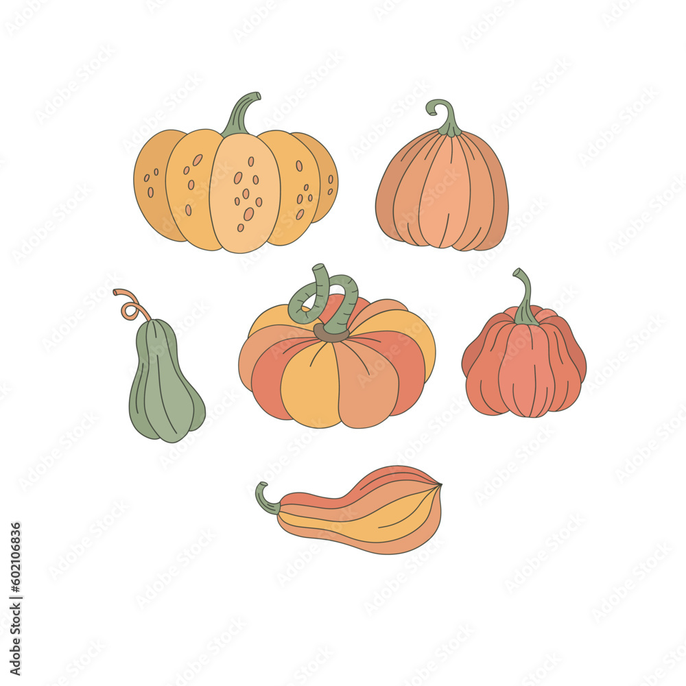 Groovy autumn pumpkin vector clip-art set isolated on white. Fall gourd ...