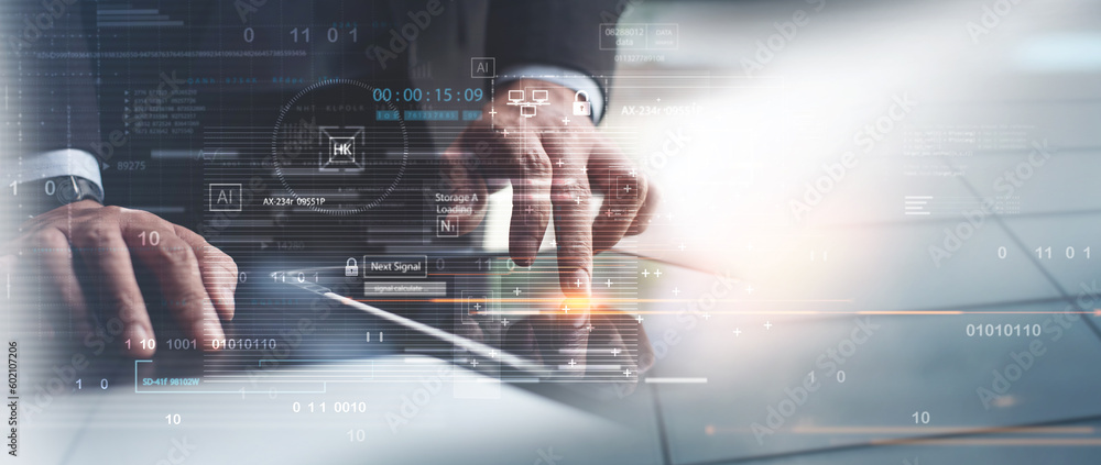 Foto de Data Science, Digital technology concept. Computer programmer using digital tablet with ...