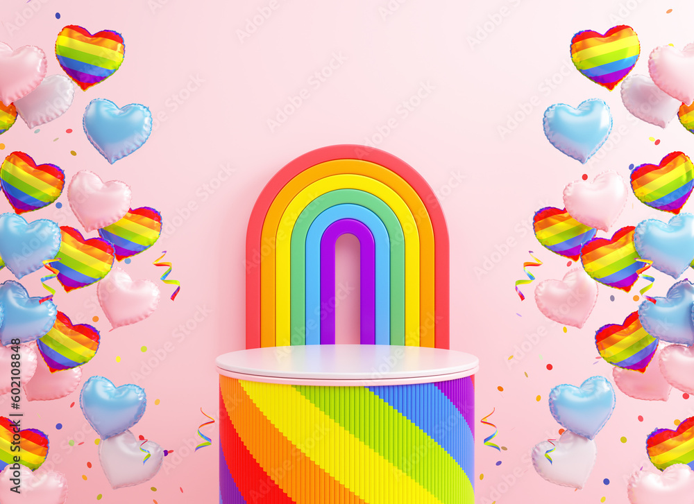Pride Day banner background template with a podium platform, a rainbow ...