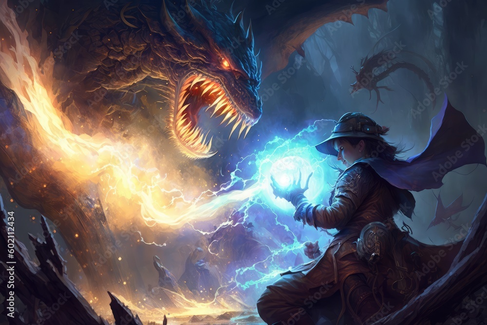 Sorcerer magic battle casting spell against demon. distinct generative ...